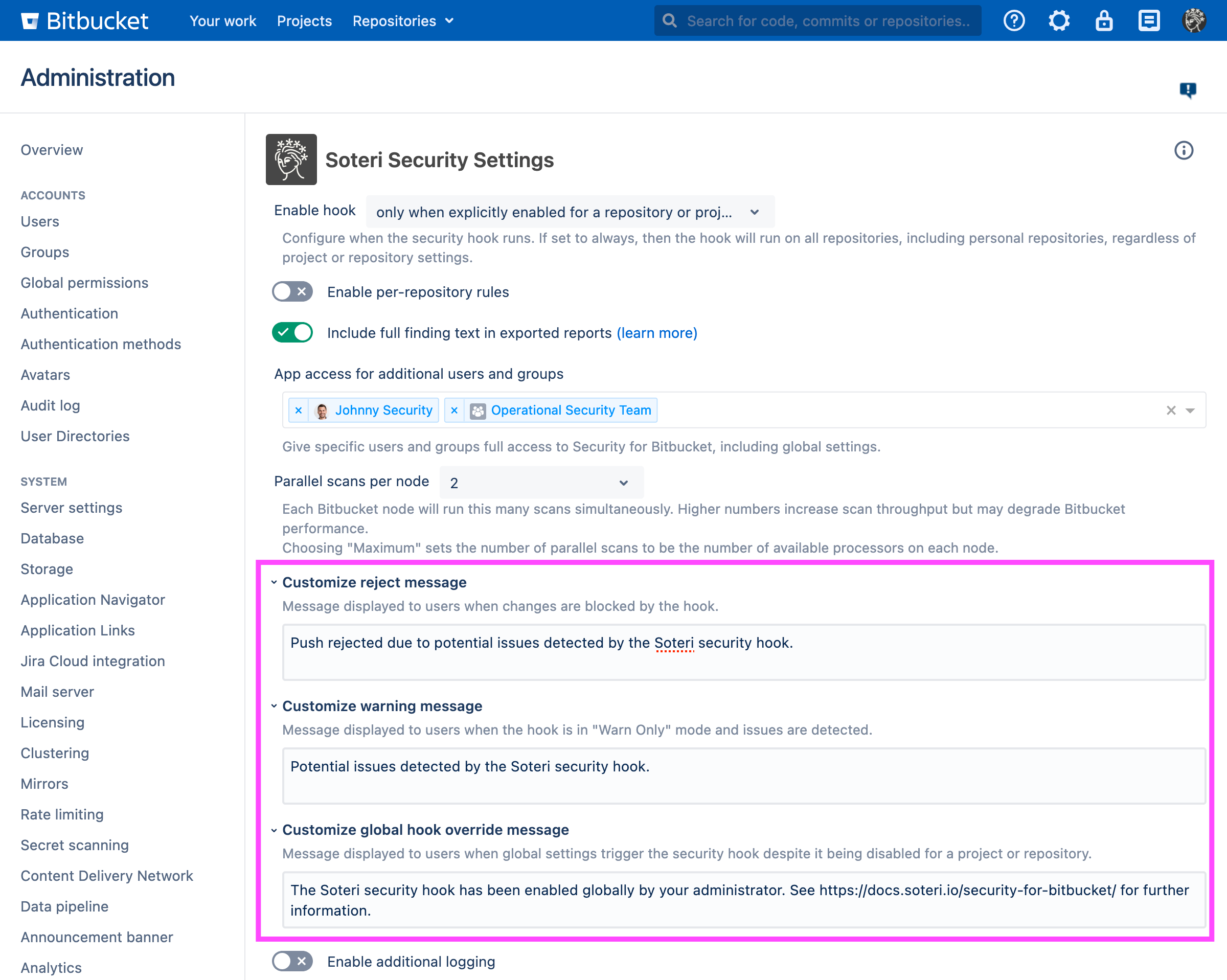 Customizing the hook messages